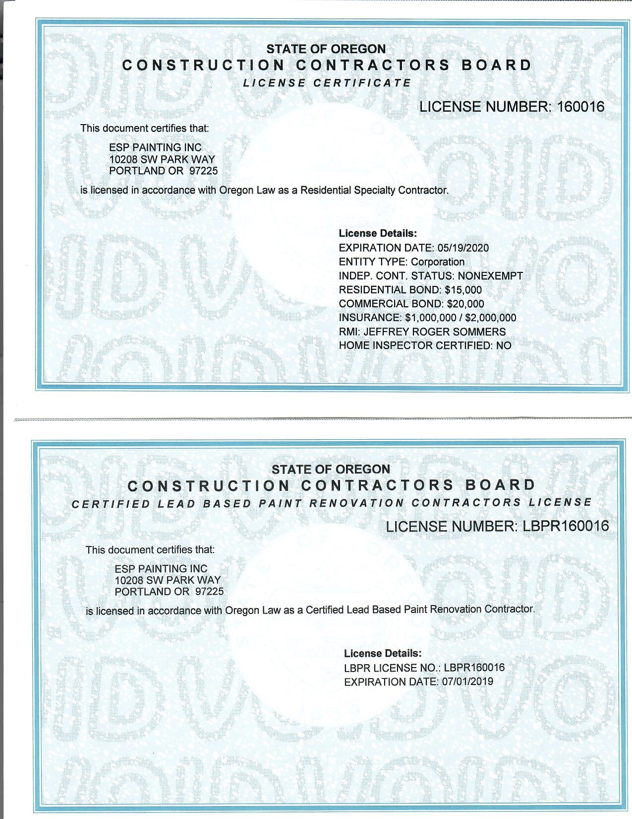 Our Licenses, Credentials & Awards – ESP Painting – Portland OR